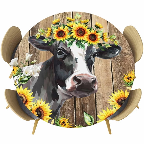 Farmhouse Cow Round Tablecloth, Fitted Table Cover with Elastic for 45 ...