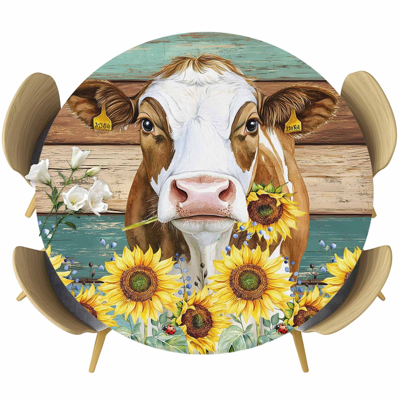 Farmhouse Cow Round Tablecloth, Fitted Table Cover with Elastic for 55 ...
