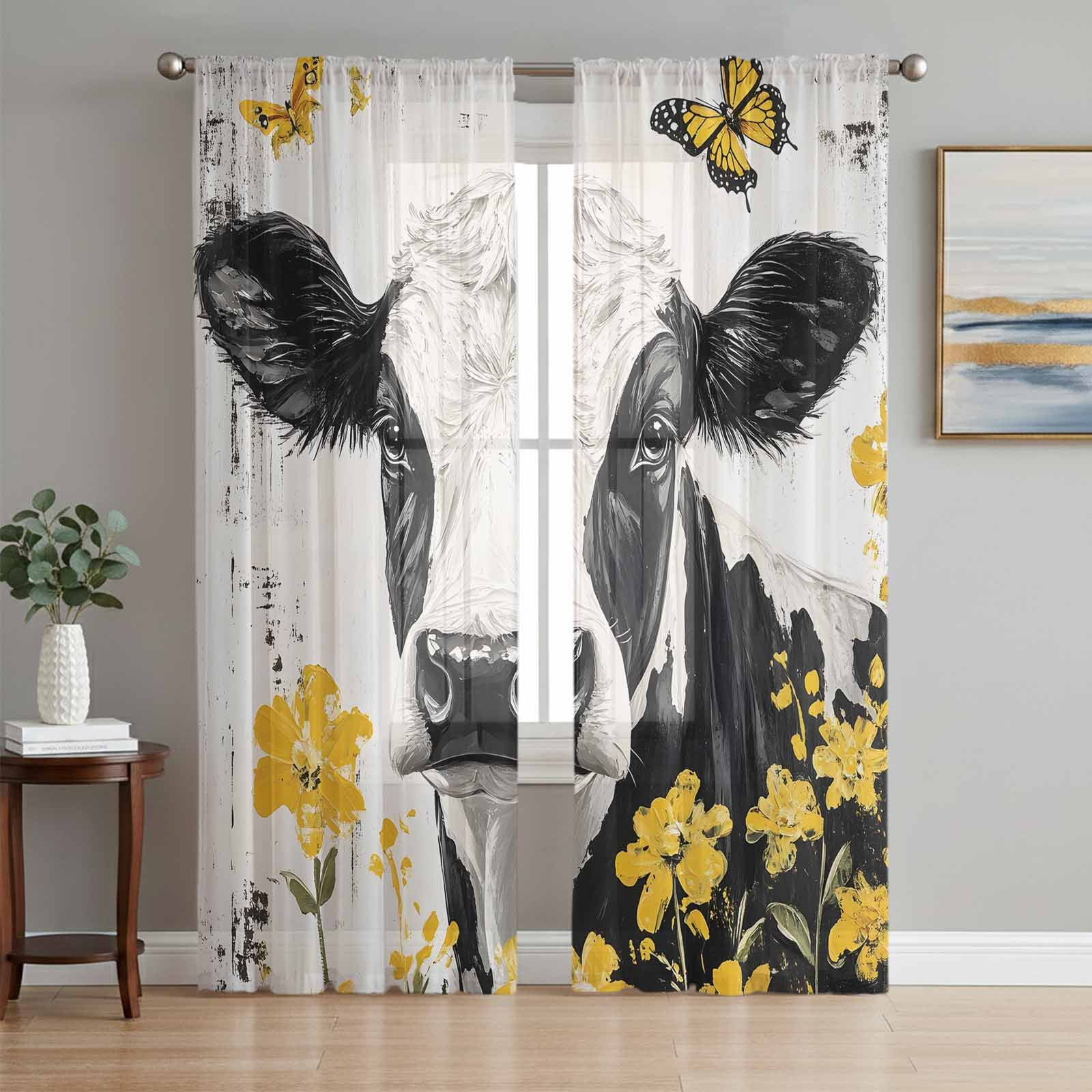Farmhouse Cow Semi Sheer Curtains 63 Inch Length 2 Panels Set, Spring ...