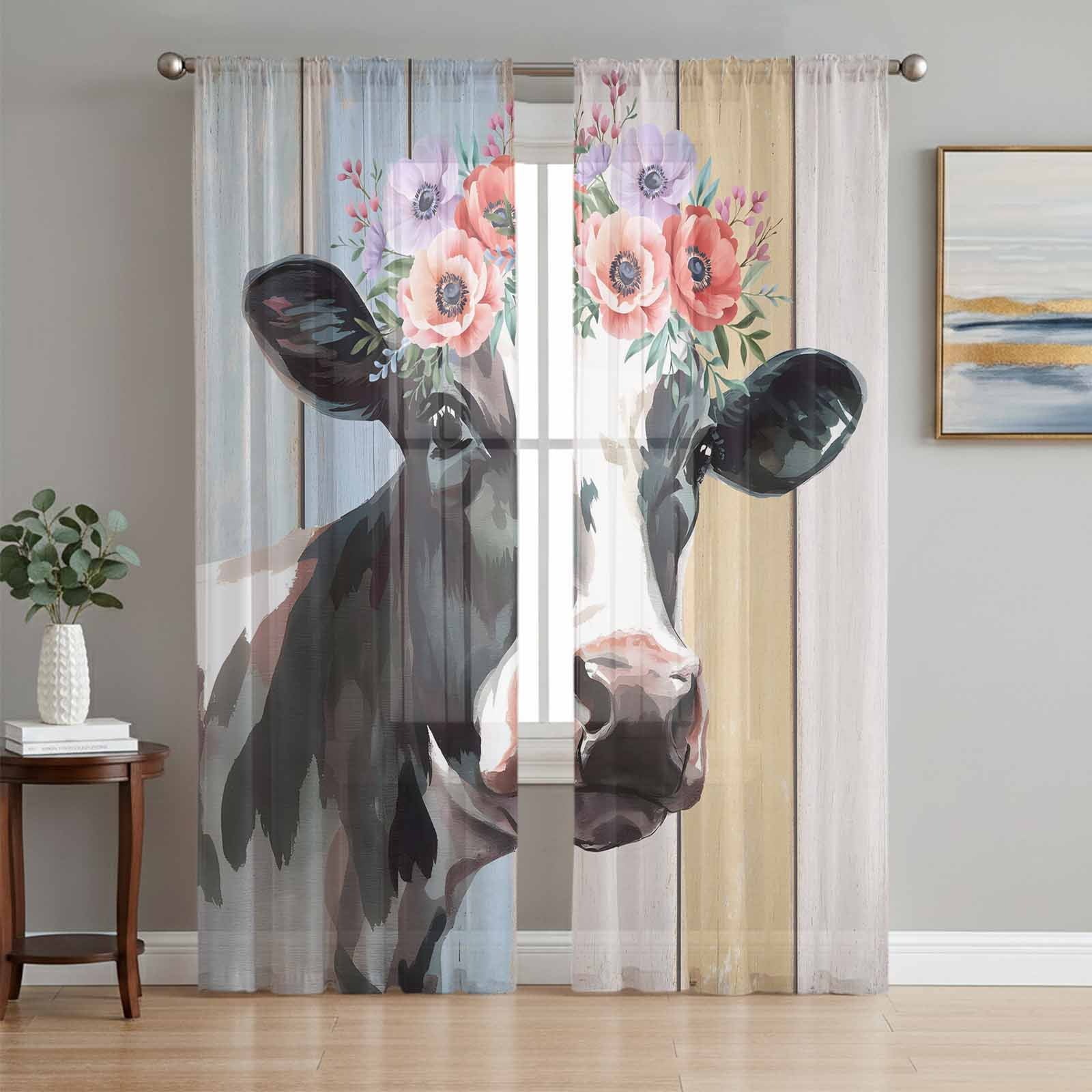 Farmhouse Cow Sheer Curtains 96 Inch Length 2 Panels Set, Spring Floral ...