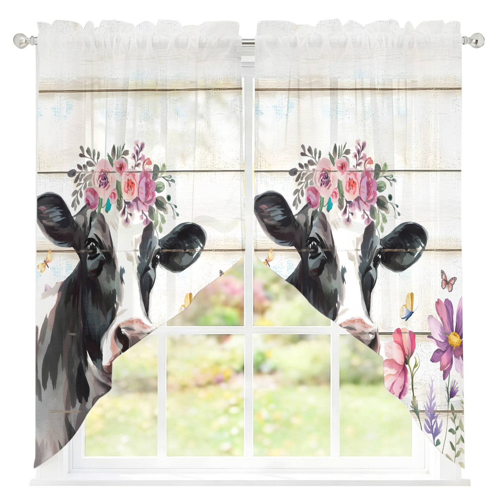 Farmhouse Cow Sheer Curtains Swag Valances for Windows Farm Animal ...