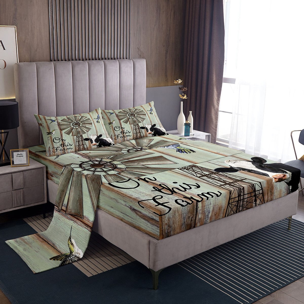 Farmhouse Cow Sheet Set , Rustic Windmill Bed Sheets Set Twin Size For ...