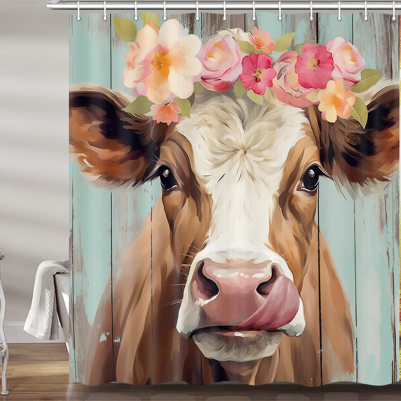 Farmhouse Cow Shower Curtain for Bathroom, Cute Rustic Farm Animals on ...