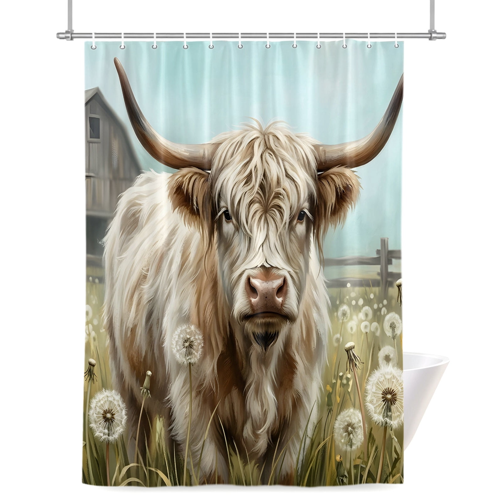 Farmhouse Cow Shower Curtain, Dandelion Meadow Rustic Pastoral Country ...