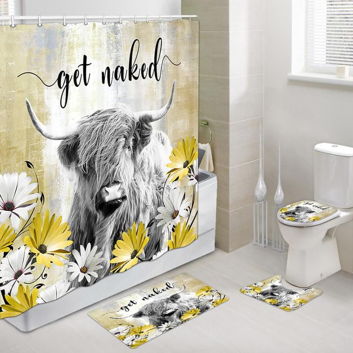 Farmhouse Cow Shower Curtain Sets, Grey Funny Highland Cow Western ...