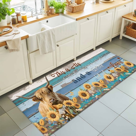 Farmhouse Cow Sunflower Rectangle Rug 2'x6' Country Animal Retro Wood ...