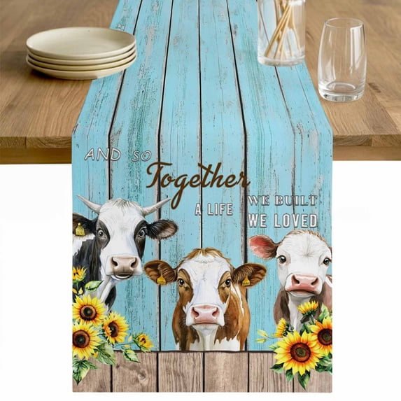 Farmhouse Cow Table Runner - 108 Inch Long Cabin Sunflowers Animals ...