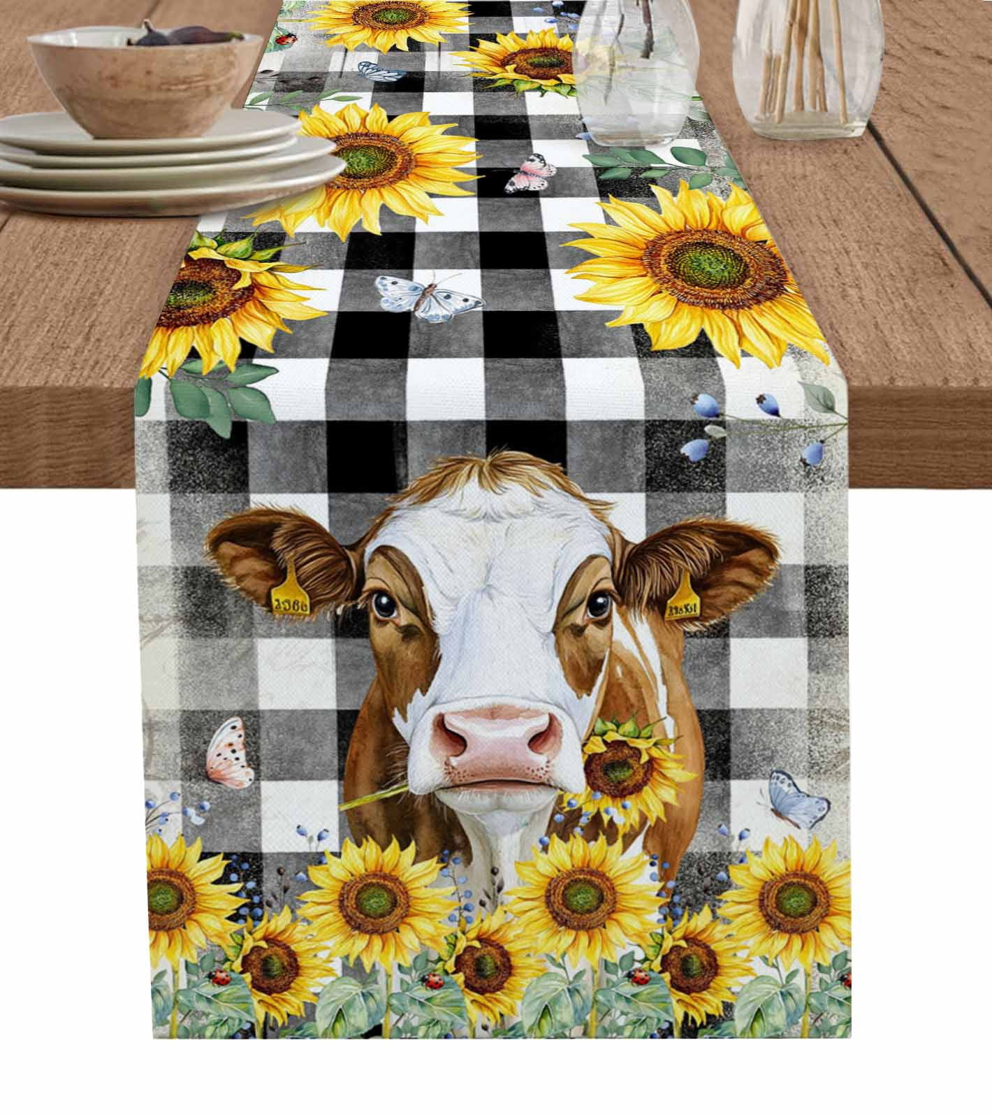 Farmhouse Cow Table Runner 48 Inches, Vintage Country Sunflower Black ...