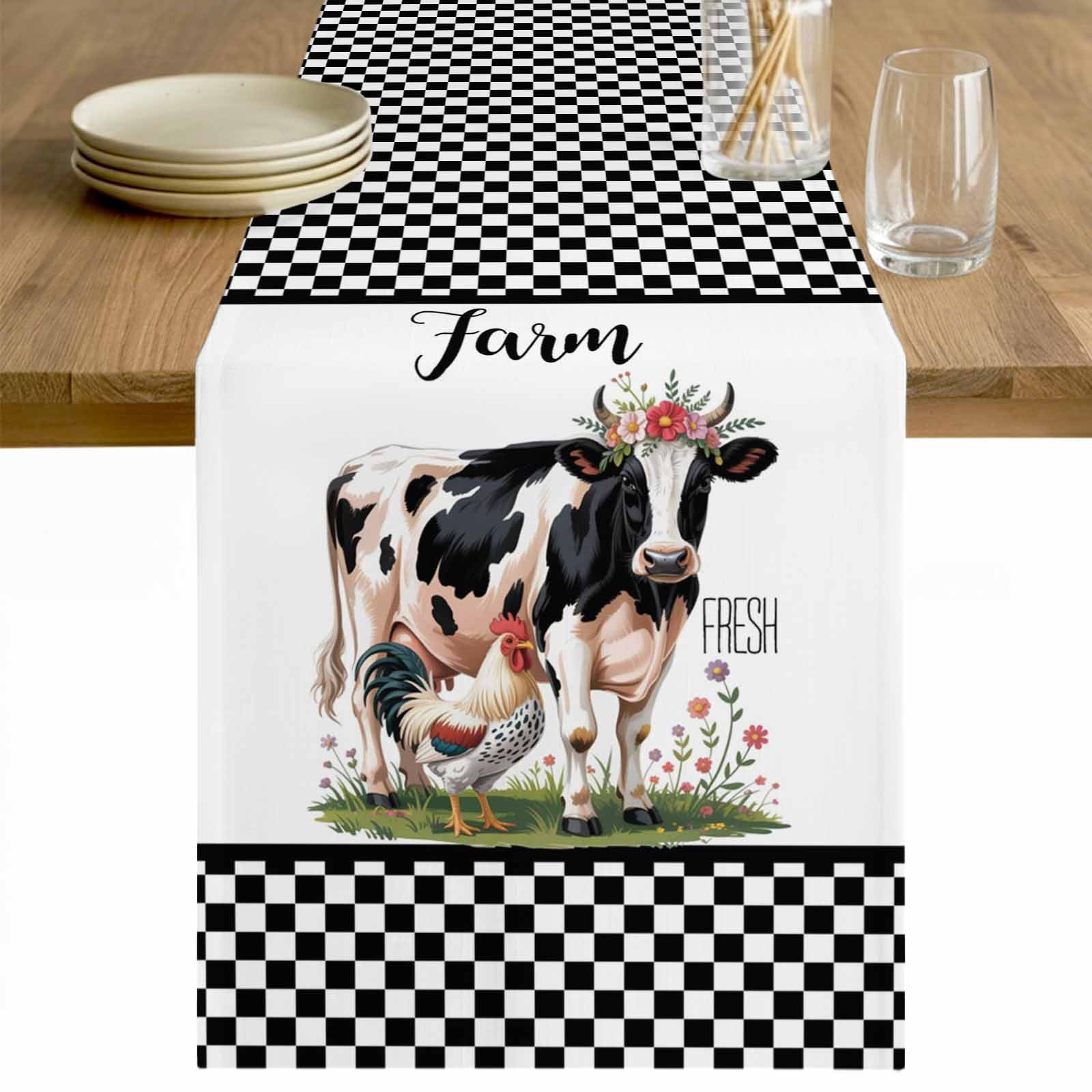 Farmhouse Cow Table Runner - 60 Inch Long Country Farm Rooster Floral ...