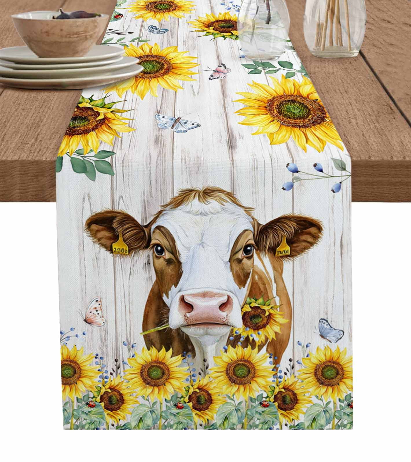 Farmhouse Cow Table Runner 60 Inches, Vintage Country Sunflower Gray ...