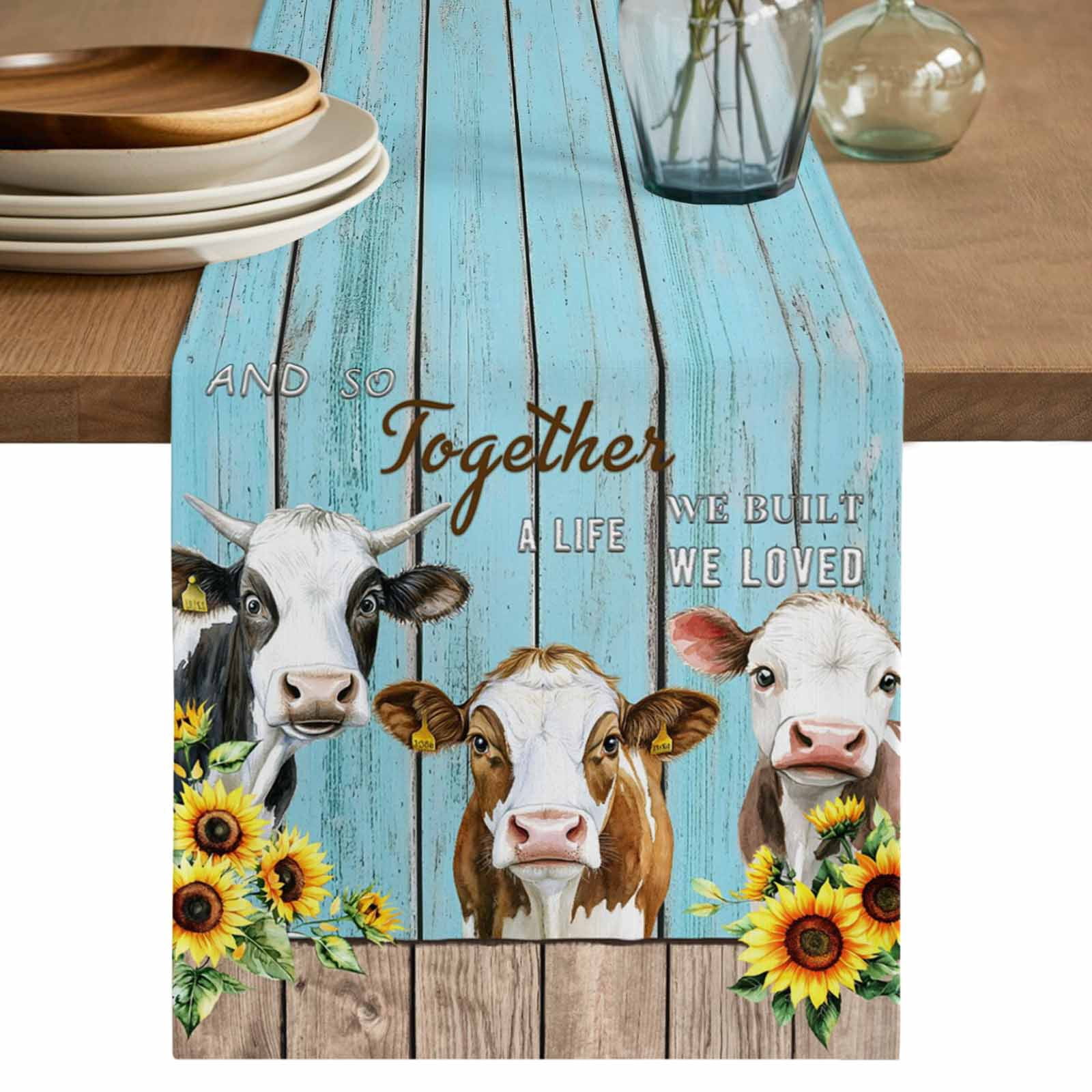 Farmhouse Cow Table Runner 72 Inches, Cabin Sunflowers Animals Blue ...