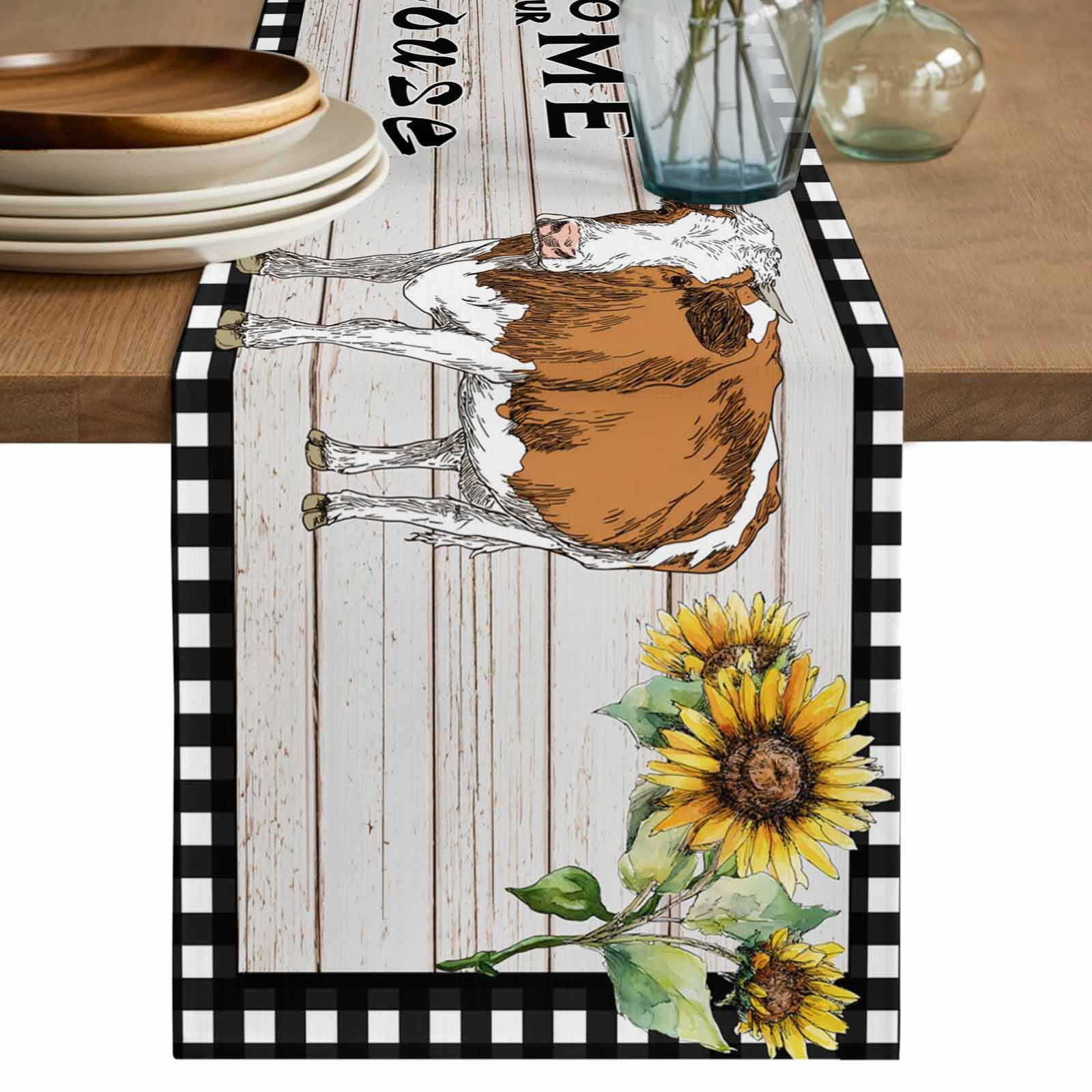 Farmhouse Cow Table Runner 72 Inches, Country Sunflowers Pig Cabin Barn ...