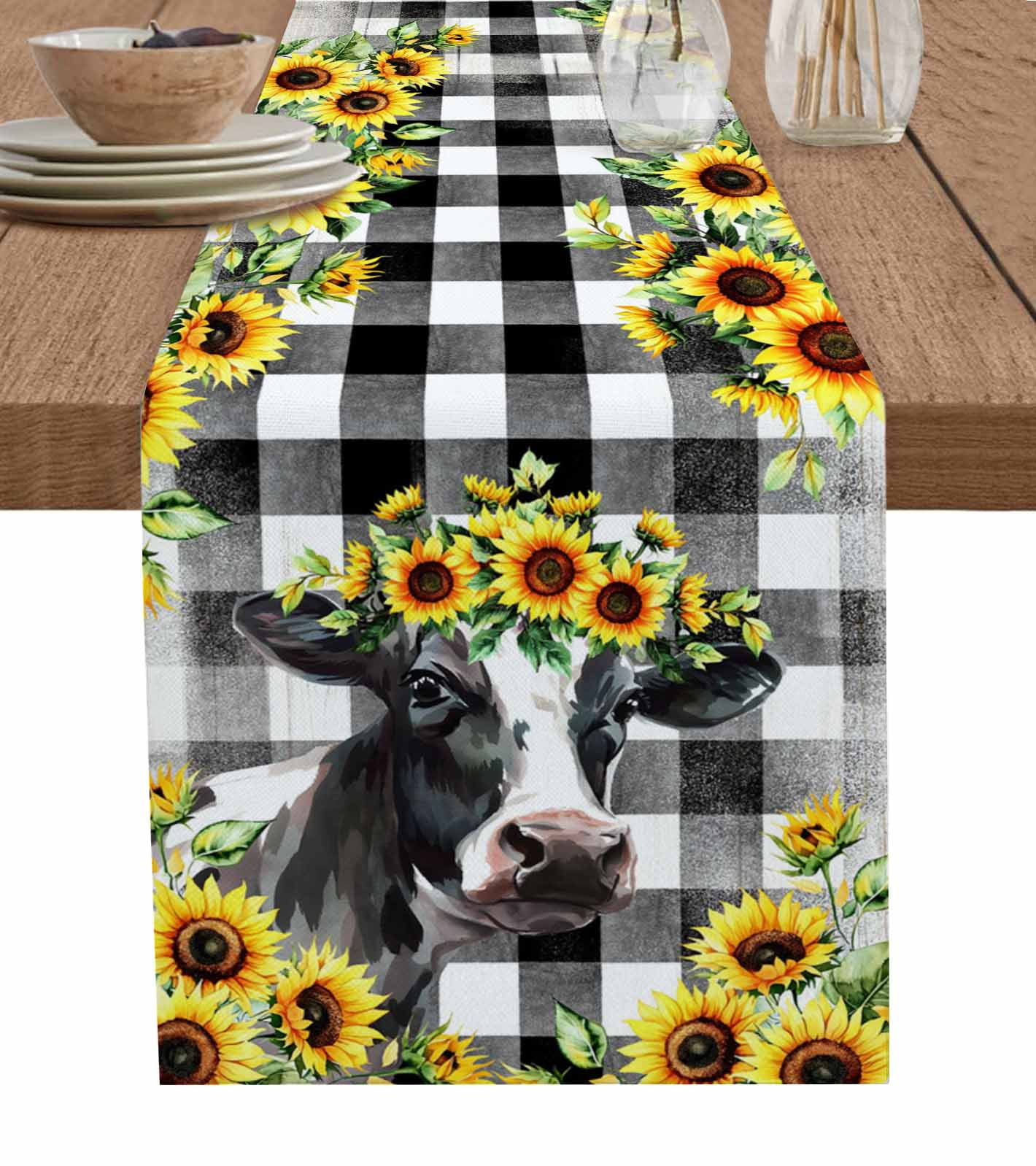 Farmhouse Cow Table Runner 72 Inches, Pastoral Sunflower Botanical ...