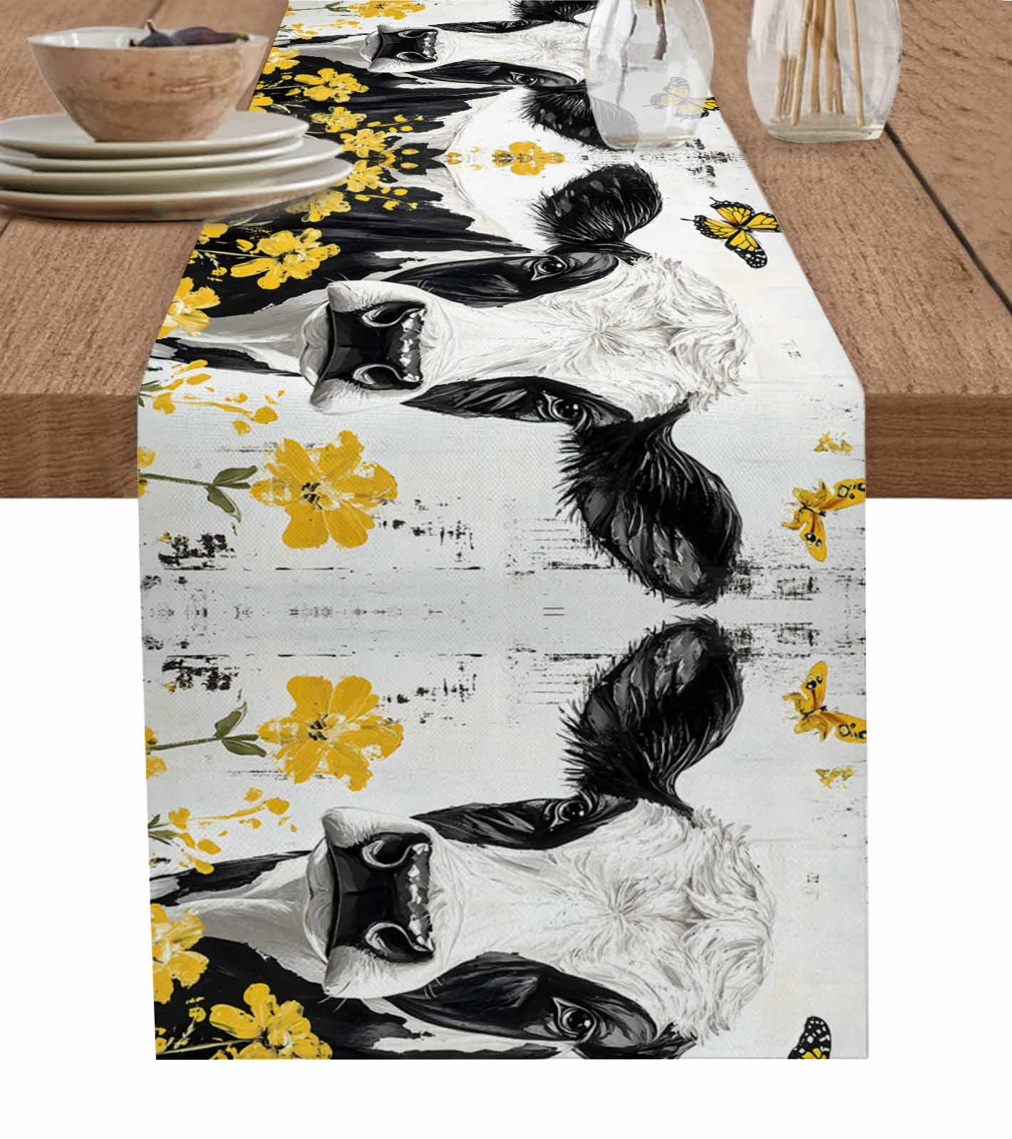 Farmhouse Cow Table Runner 72 Inches, Spring Pastoral Yellow Floral ...