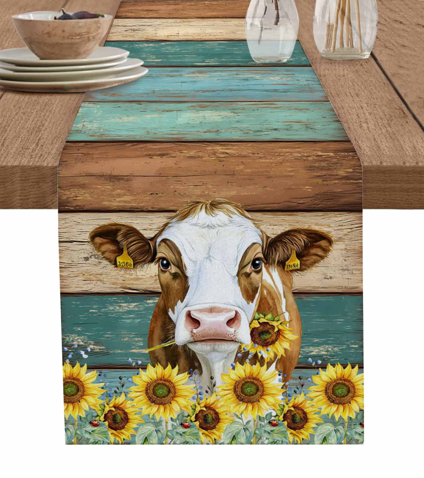 Farmhouse Cow Table Runner 72 Inches, Vintage Country Sunflower Teal ...