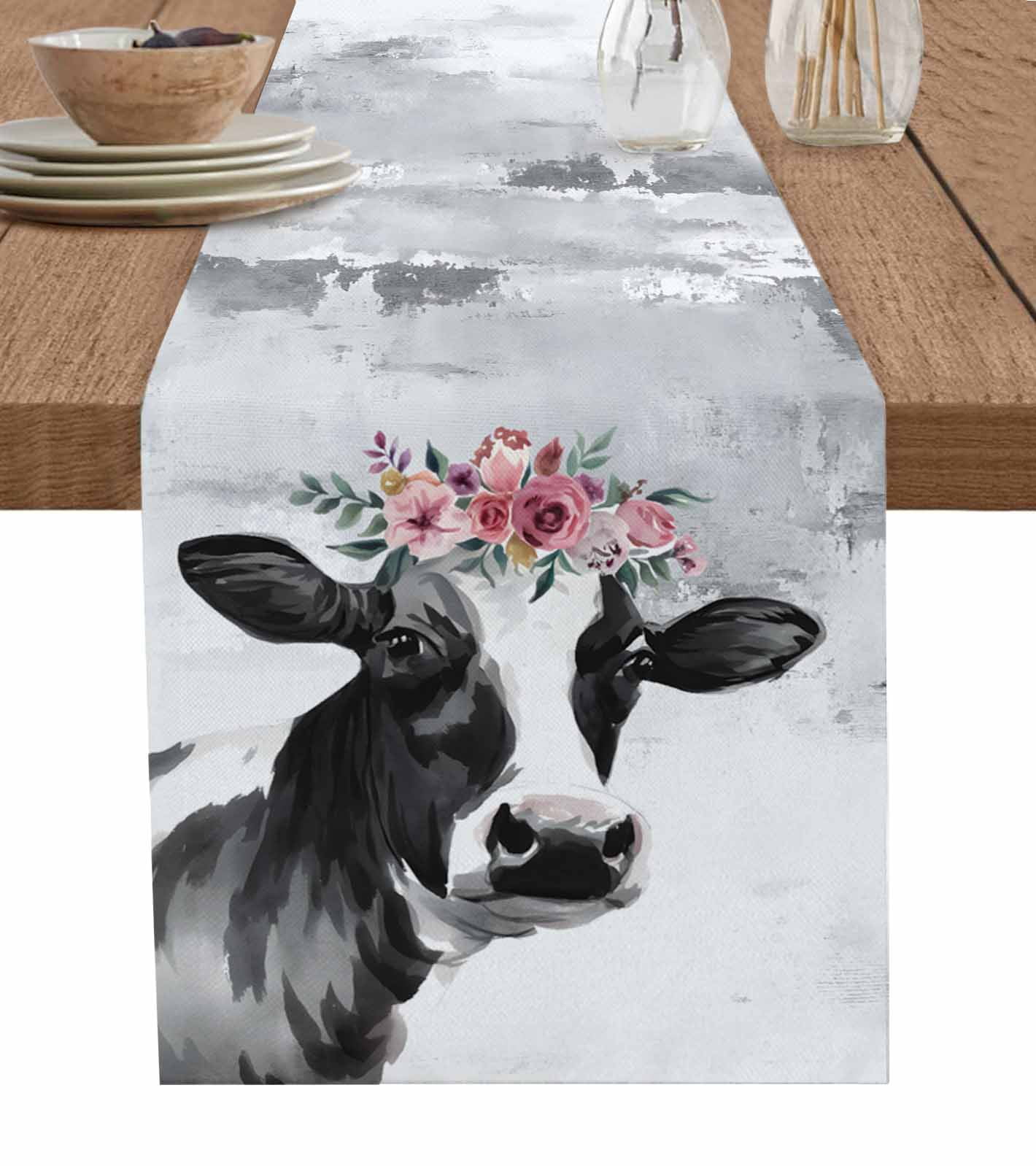 Farmhouse Cow Table Runner 72 Inches, Watercolor Animal Botanical ...