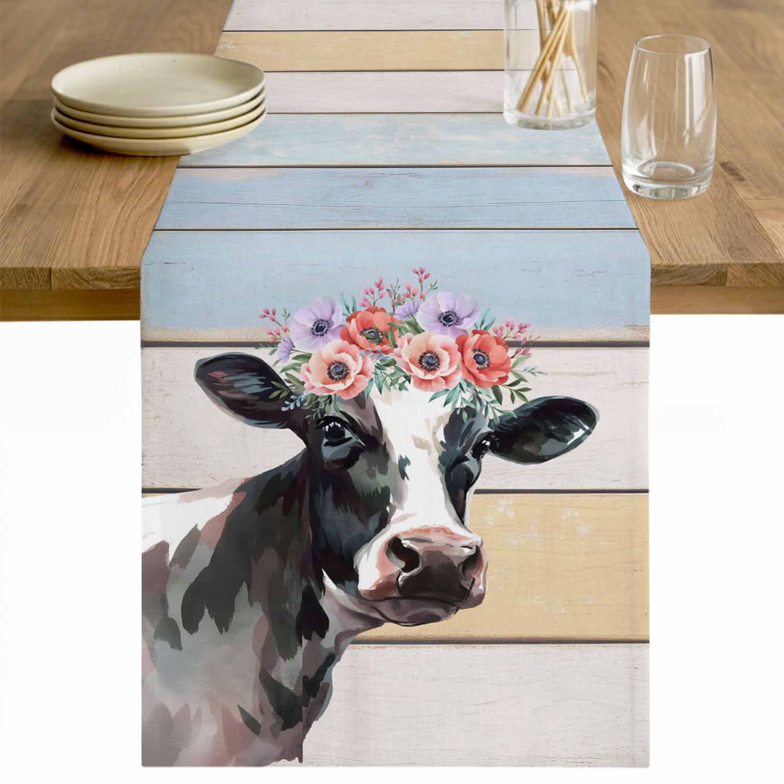 Farmhouse Cow Table Runner - 90 Inch Long Spring Floral Farm Animal ...