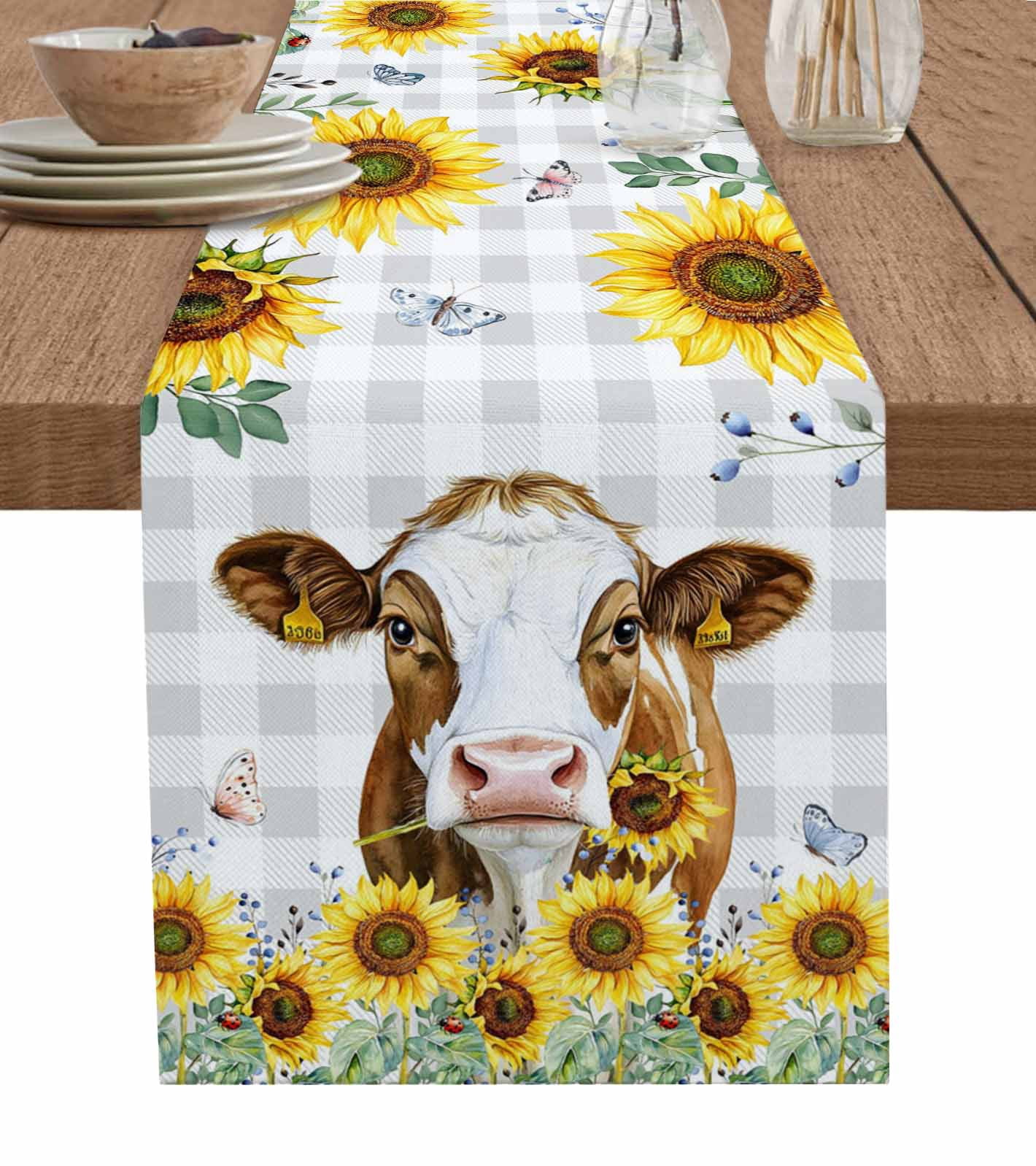 Farmhouse Cow Table Runner 90 Inches, Vintage Country Sunflower Gray ...