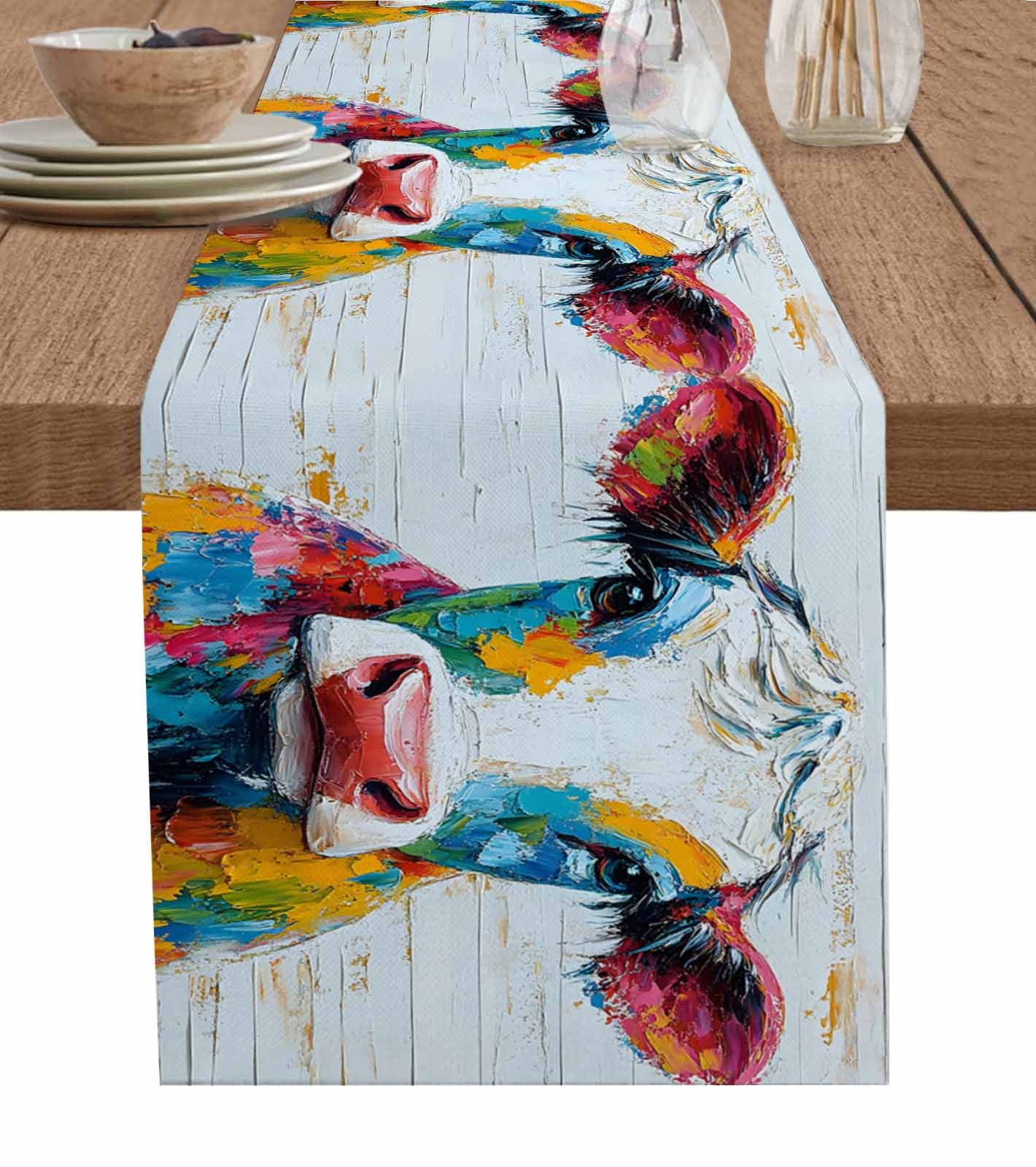 Farmhouse Cow Table Runner 90 Inches, Vintage Oil Painting Wooden Grain ...