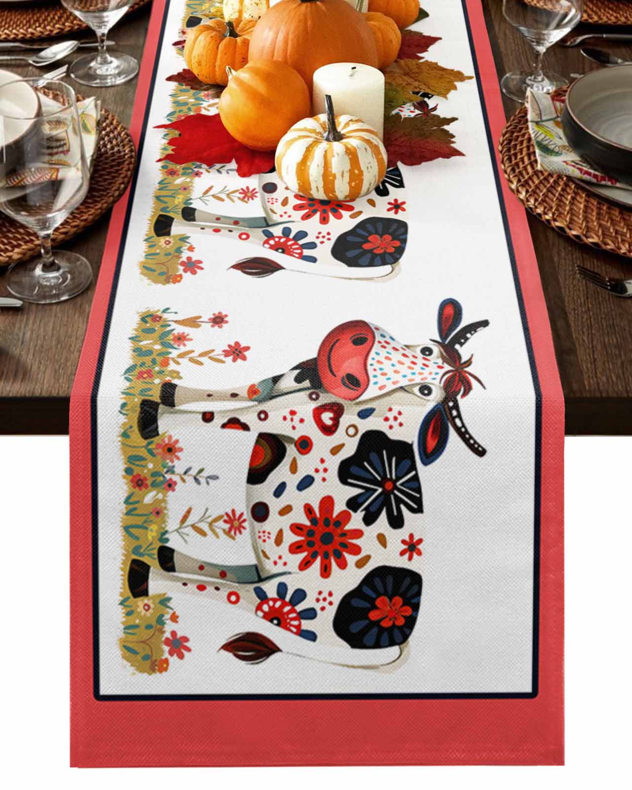 Farmhouse Cow Table Runner-Cotton Linen- 48 Inch Holiday Dresser ...