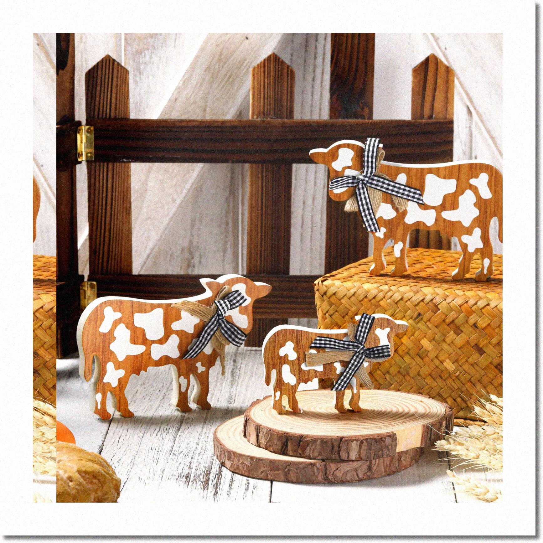 Farmhouse Cow Trio Rustic Tabletop Decor Set - Wooden Block Centerpiece ...