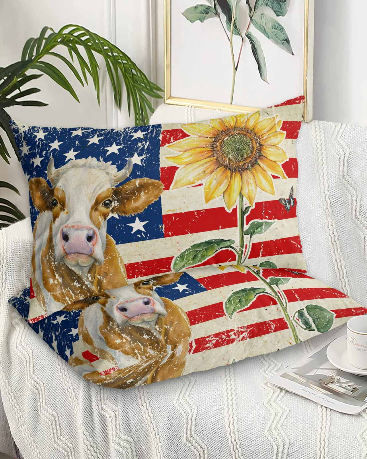 Farmhouse Cow USA Flag King Pillow Cases Set of 2 - Microfiber Bed ...