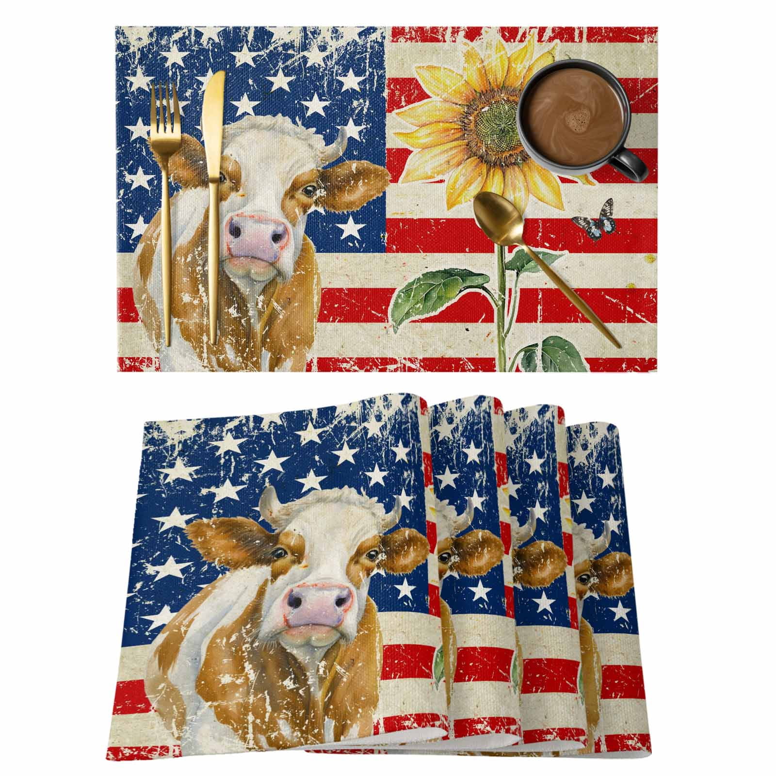 Farmhouse Cow USA Flag Placemats Set of 6, Vintage American Flags ...