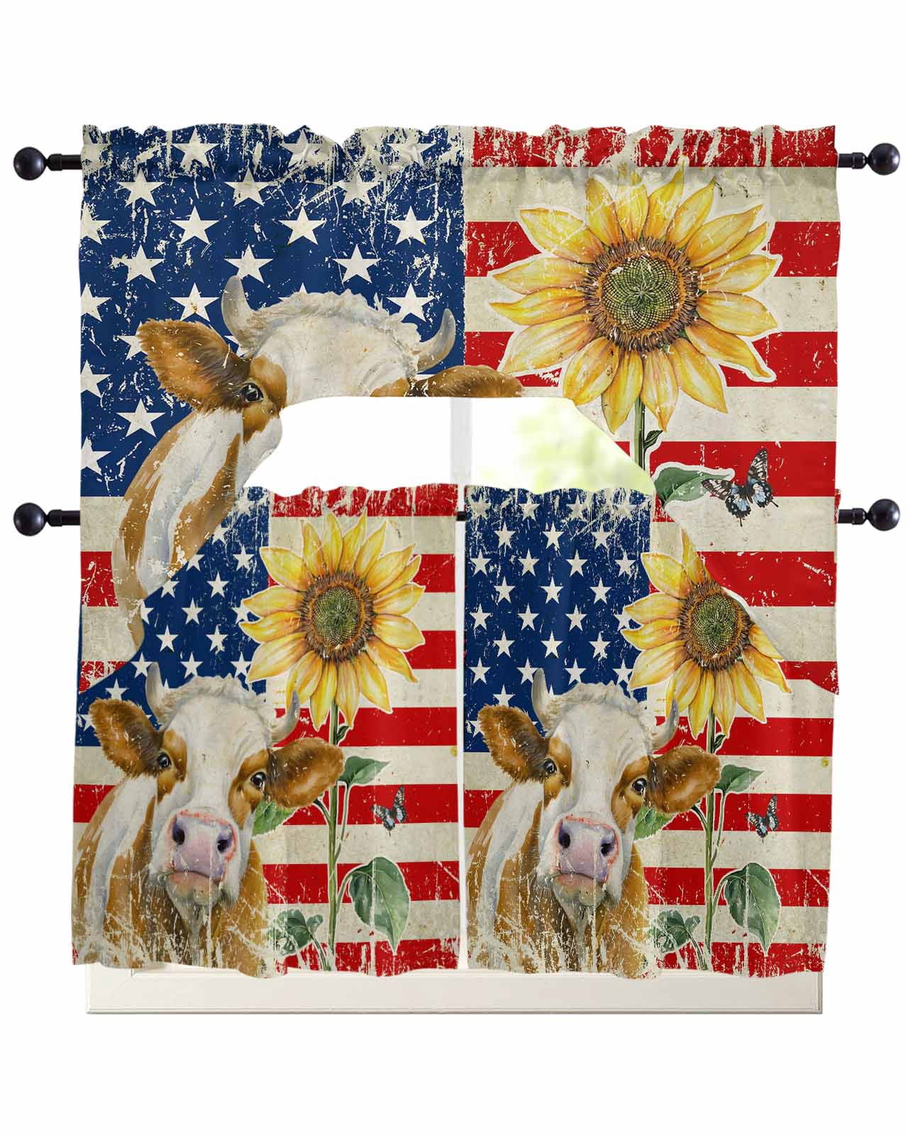 Farmhouse Cow USA Flag Swag Curtains for Living Room/Bedroom Windows ...