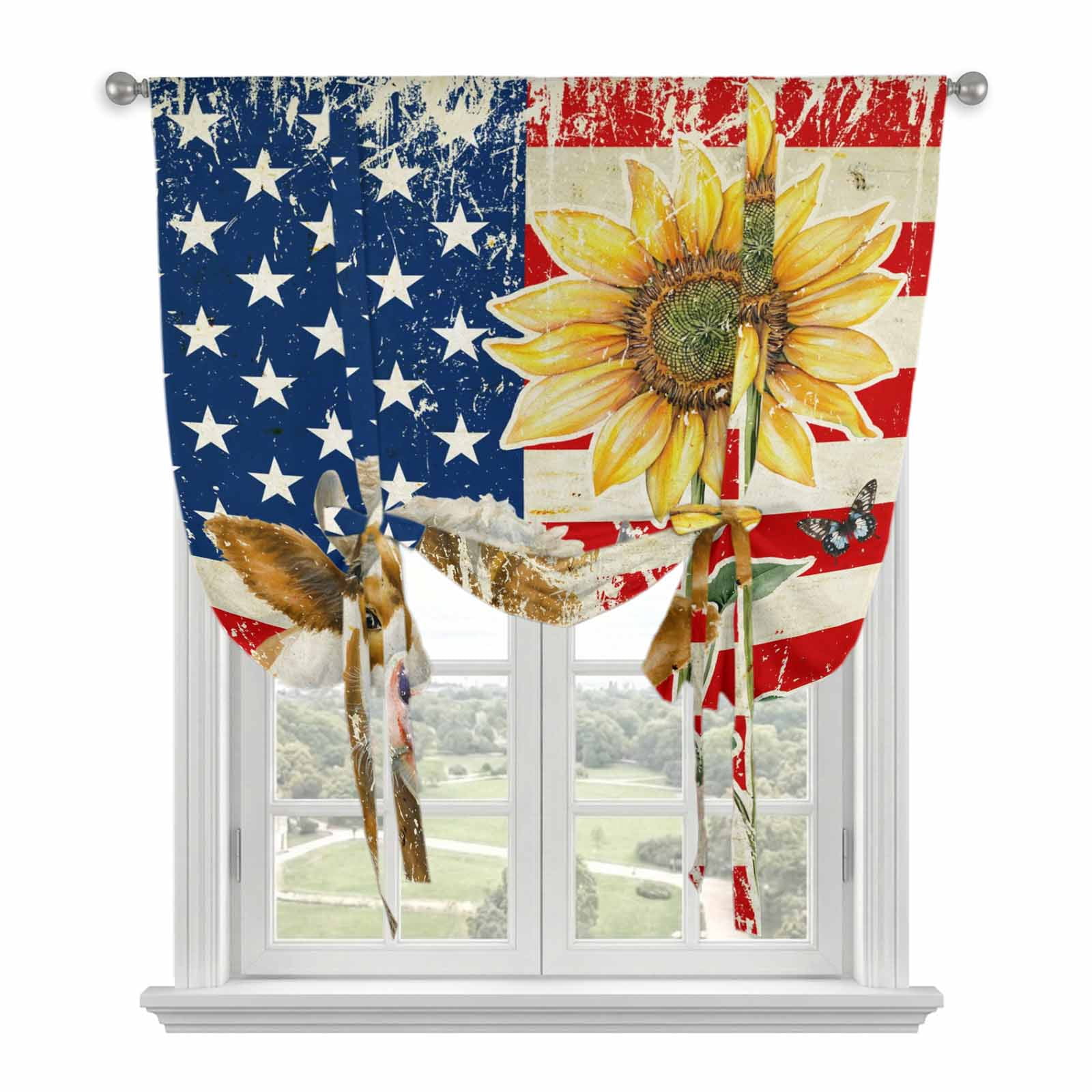 Farmhouse Cow USA Flag Tie Up Curtains for Windows, Balloon Window ...