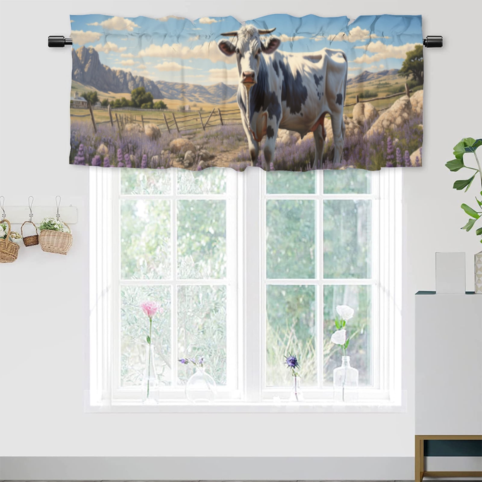Farmhouse Cow Valance Curtain for Kitchen Farm Animal Rustic Lavender ...
