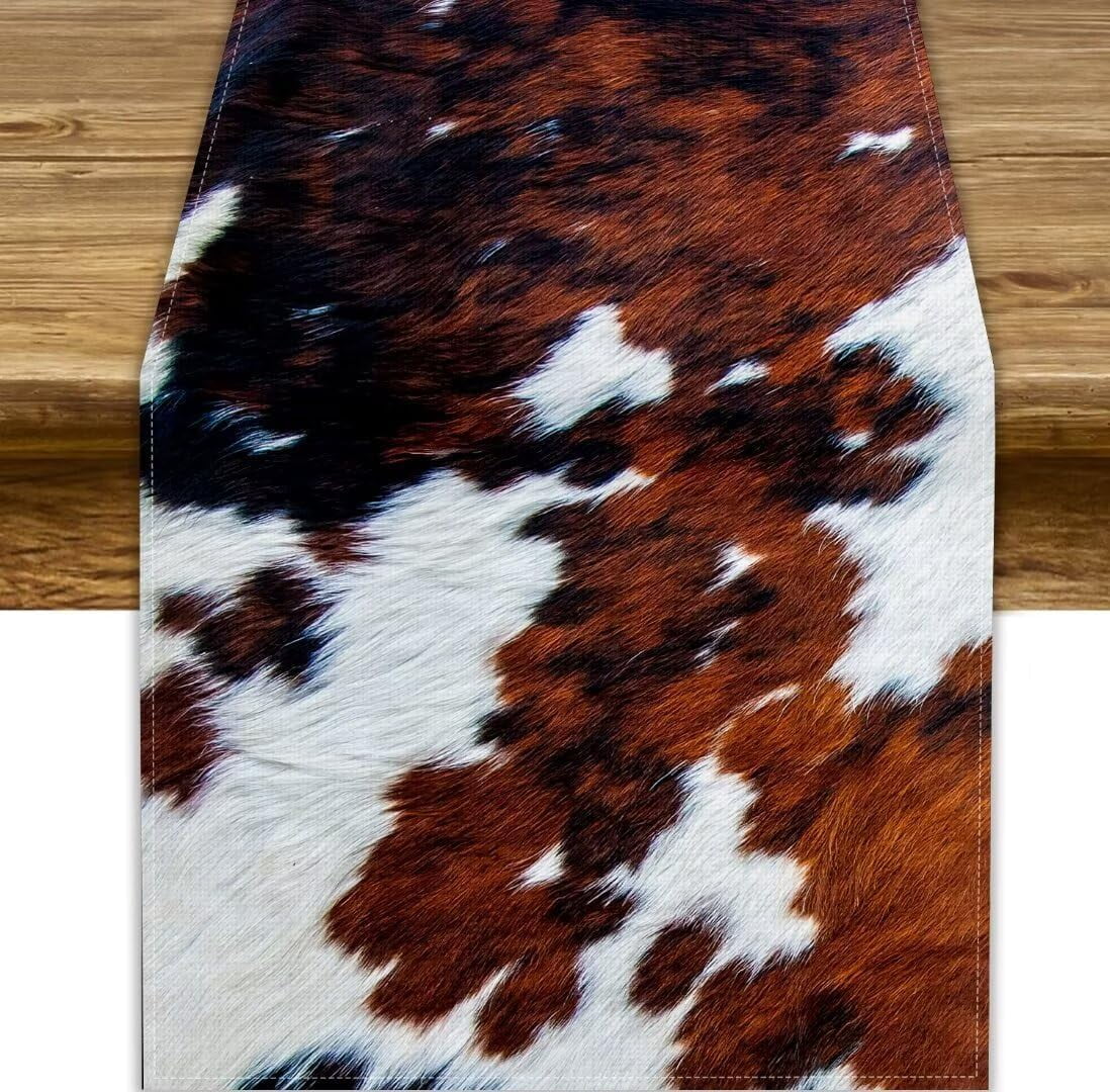 Farmhouse Cowhide Table Runner, Abstract Western Maroon White Cow Fur ...