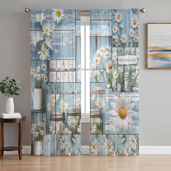 Farmhouse Daisies Sheer Curtains 63 Inch Length 2 Panels Set, Summer ...
