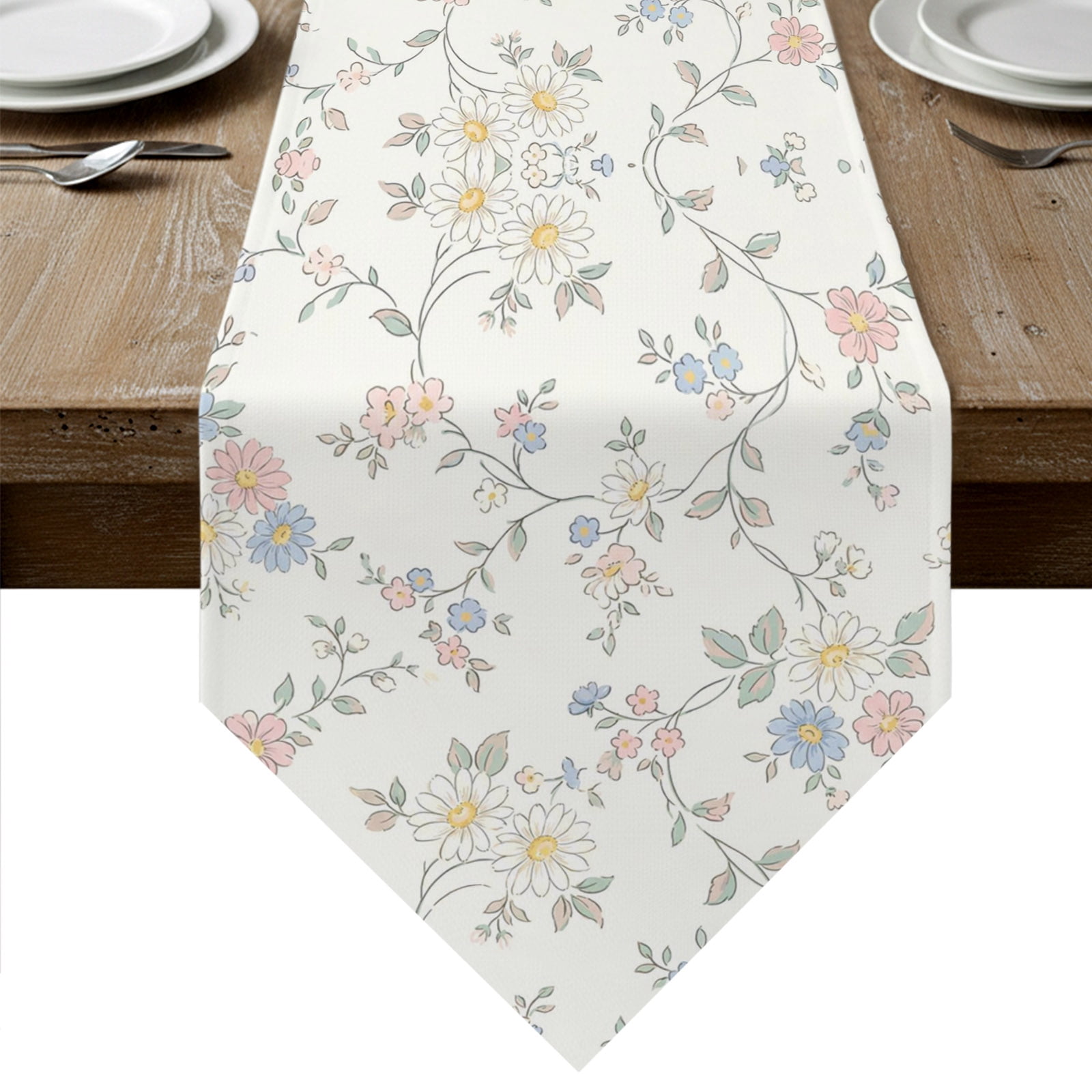 Farmhouse Daisy Blossoms Table Runner Linen Burlap Table Runner 120 ...