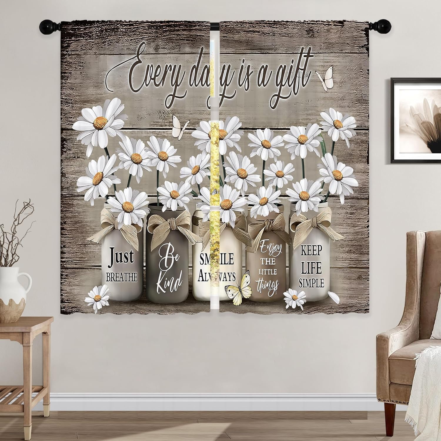 Farmhouse Daisy Floral Curtains Country Rustic Vintage Flower Window ...