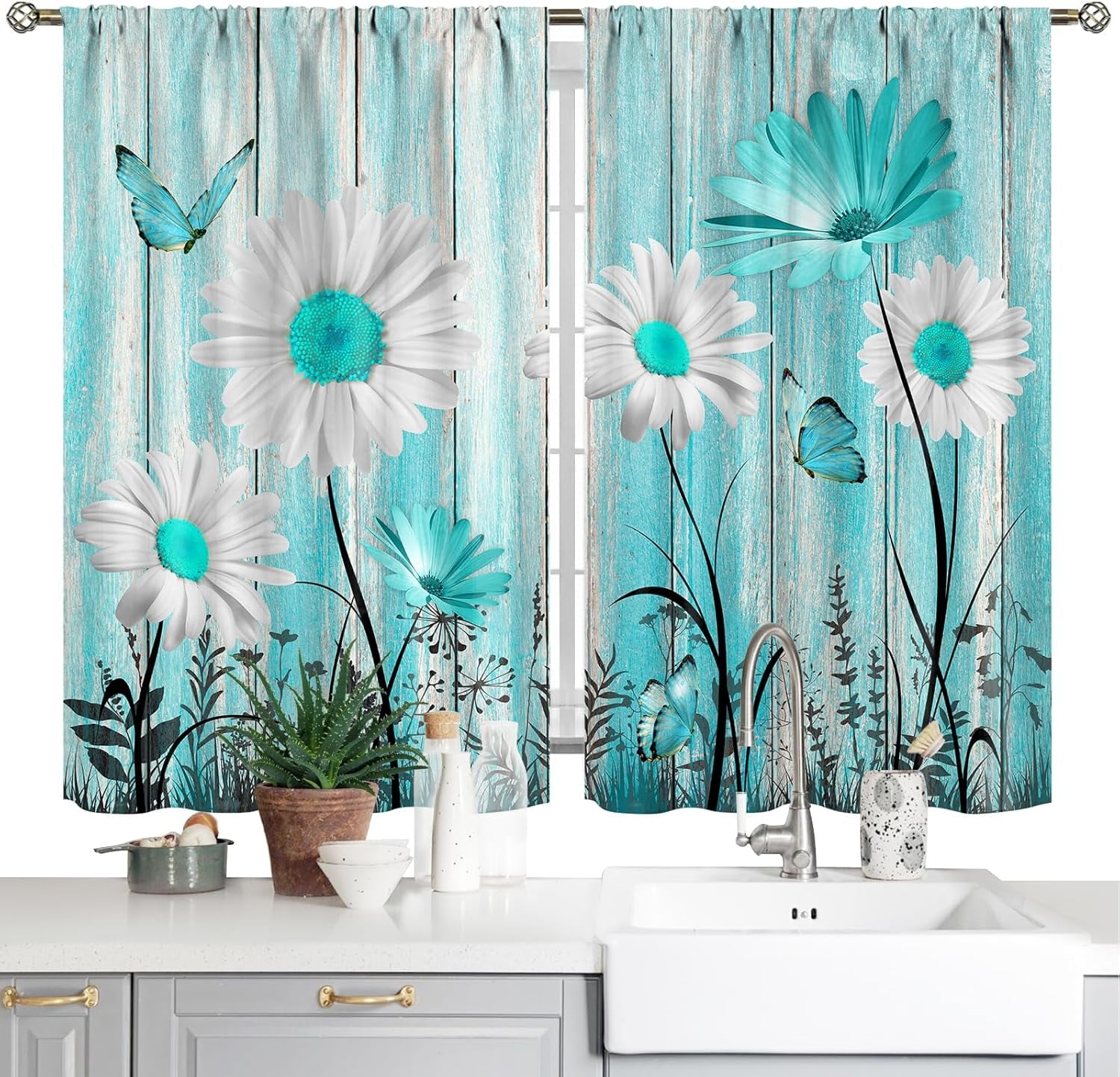 Farmhouse Daisy Kitchen Curtains Butterfly Floral Rustic Vintage Small ...