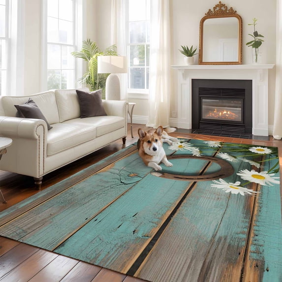 Farmhouse Daisy Large Area Rugs 5x8 ft Horseshoe Flower Teal Wood Grain ...