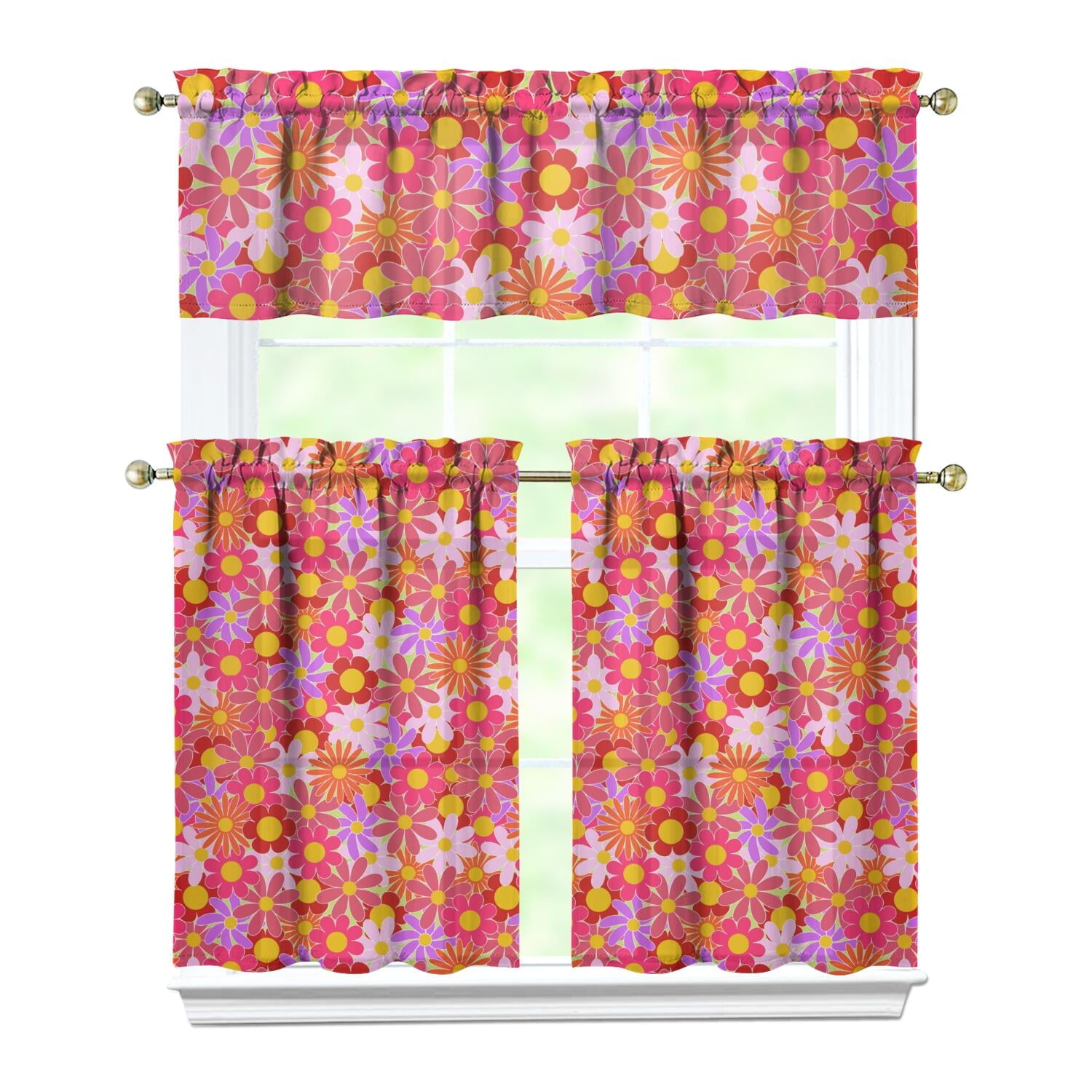 Farmhouse Daisy Print Kitchen Curtains - 3 PC Set with Valance & Tier ...