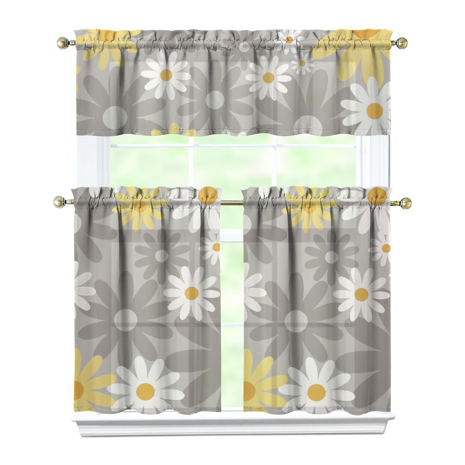 Farmhouse Daisy Print Kitchen Curtains - 3 Piece Set with Valance ...
