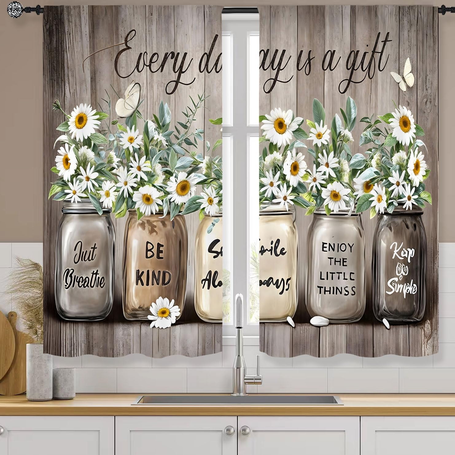 Farmhouse Daisy Rustic Floral Kitchen Curtains 27.5W X 39L Inch 2 Panel ...