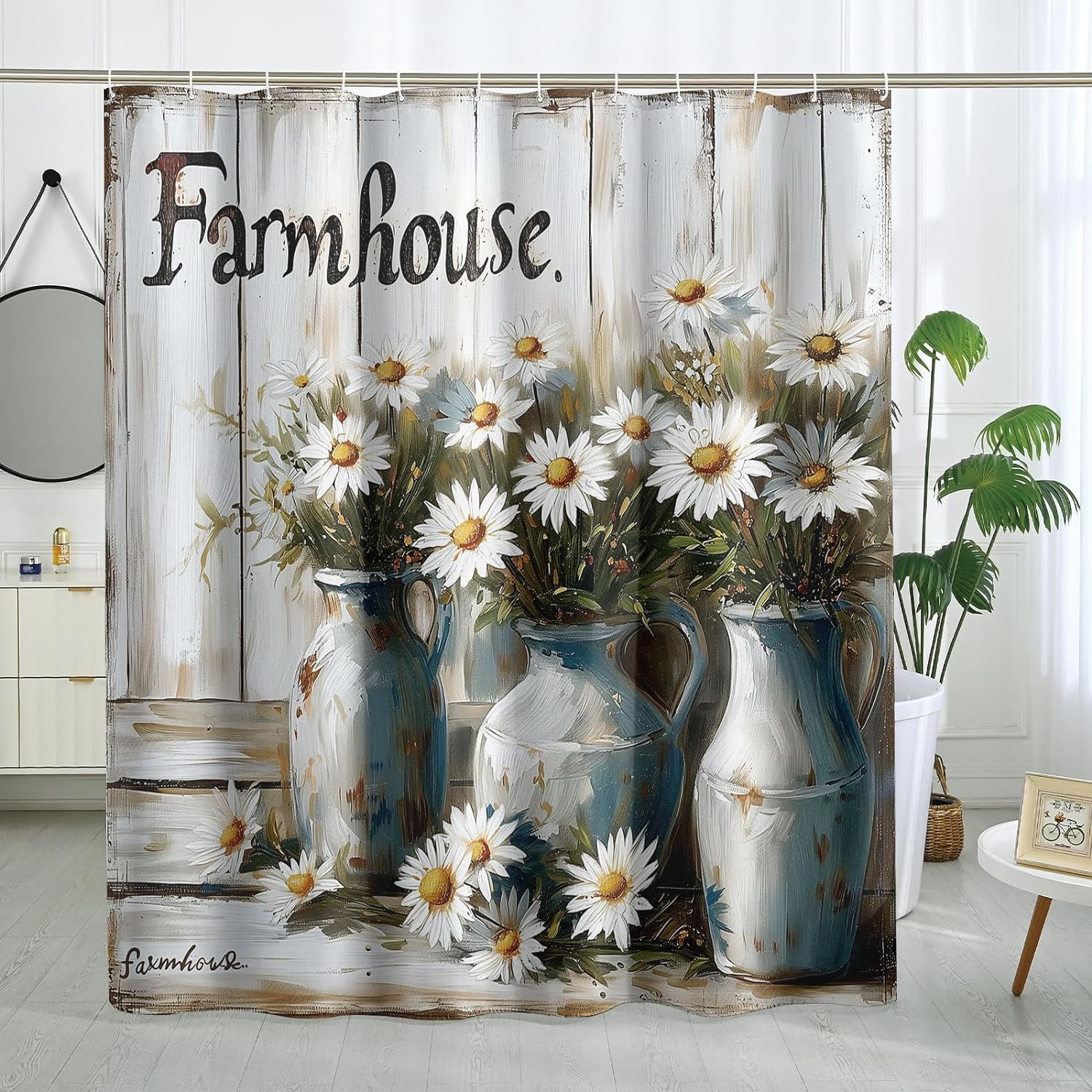 Farmhouse Daisy Shower Curtain Rustic Country Floral Vase Shower ...