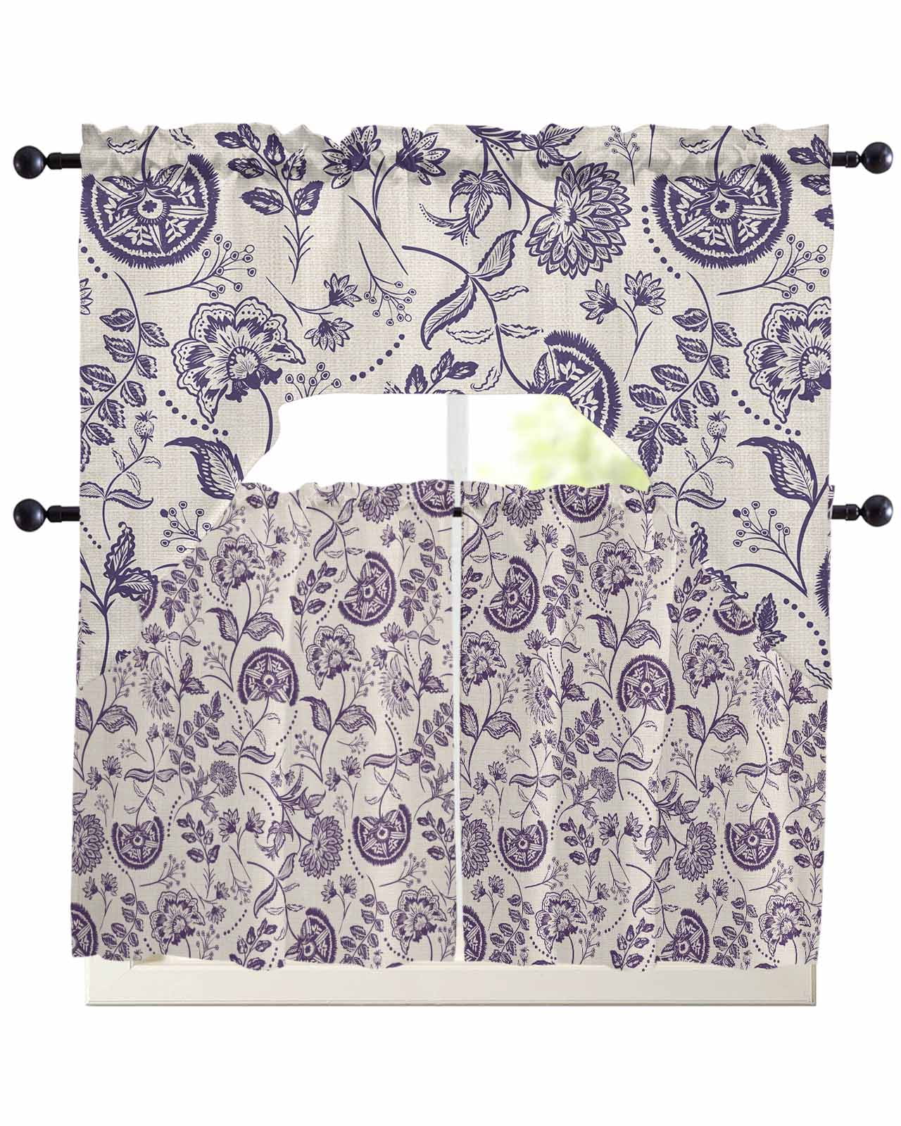 Farmhouse Dark Purple Floral Swag Valance and Tier Curtains Set Linen ...