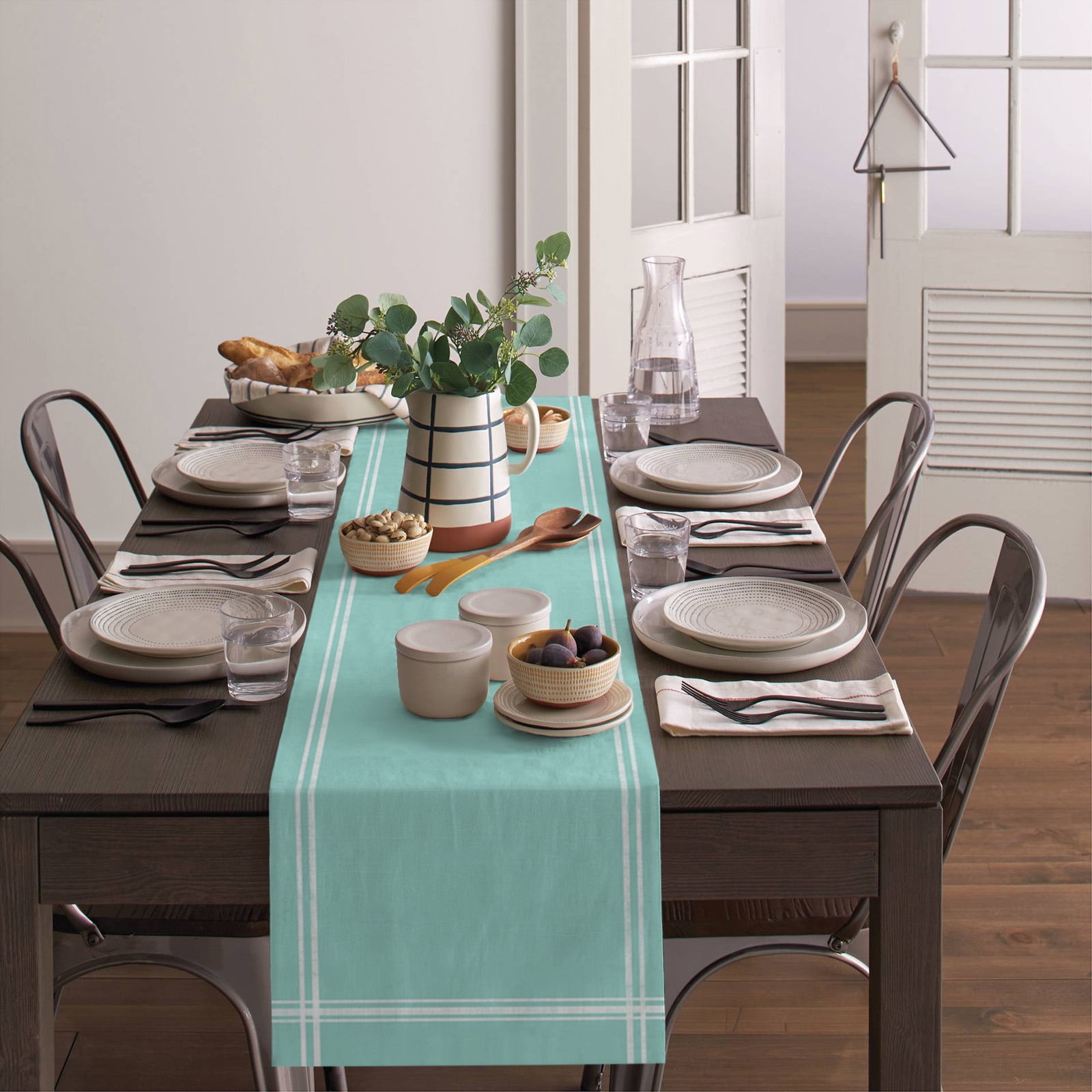 Farmhouse Decor Aqua Table Runner 13x72in Non-Slip Cotton Linen Table ...