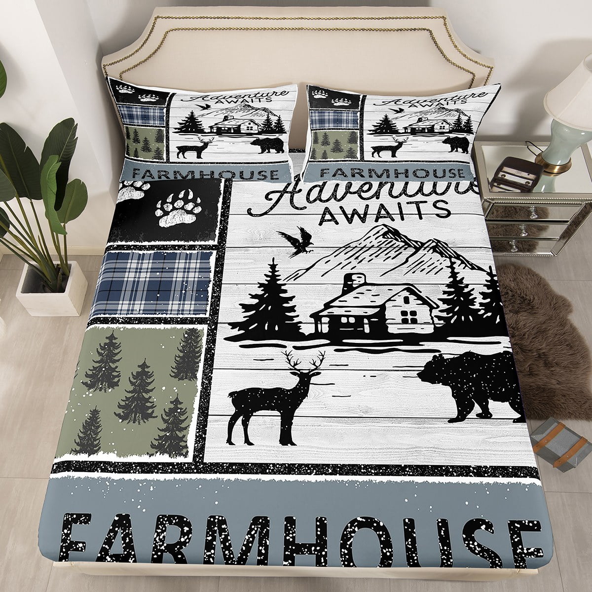 Farmhouse Decor Deer Fitted Sheet Woodland Bear Moose Elk Bed Sheets ...