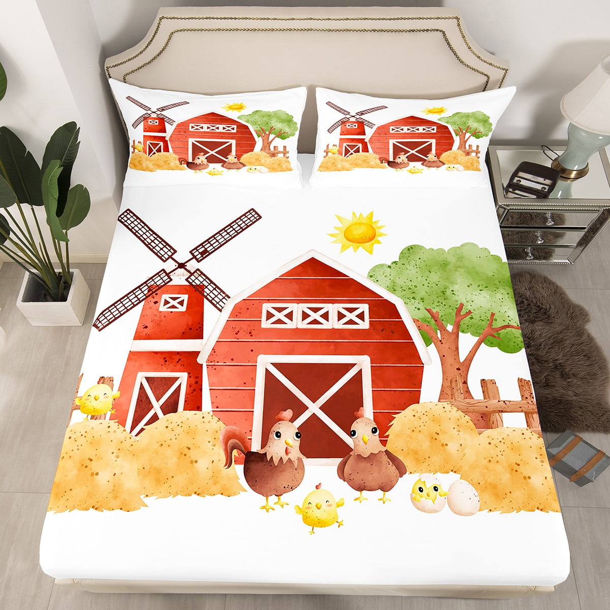 Farmhouse Decor Fitted Sheet Garden Windmill Decor Bed Sheets Red Farm ...