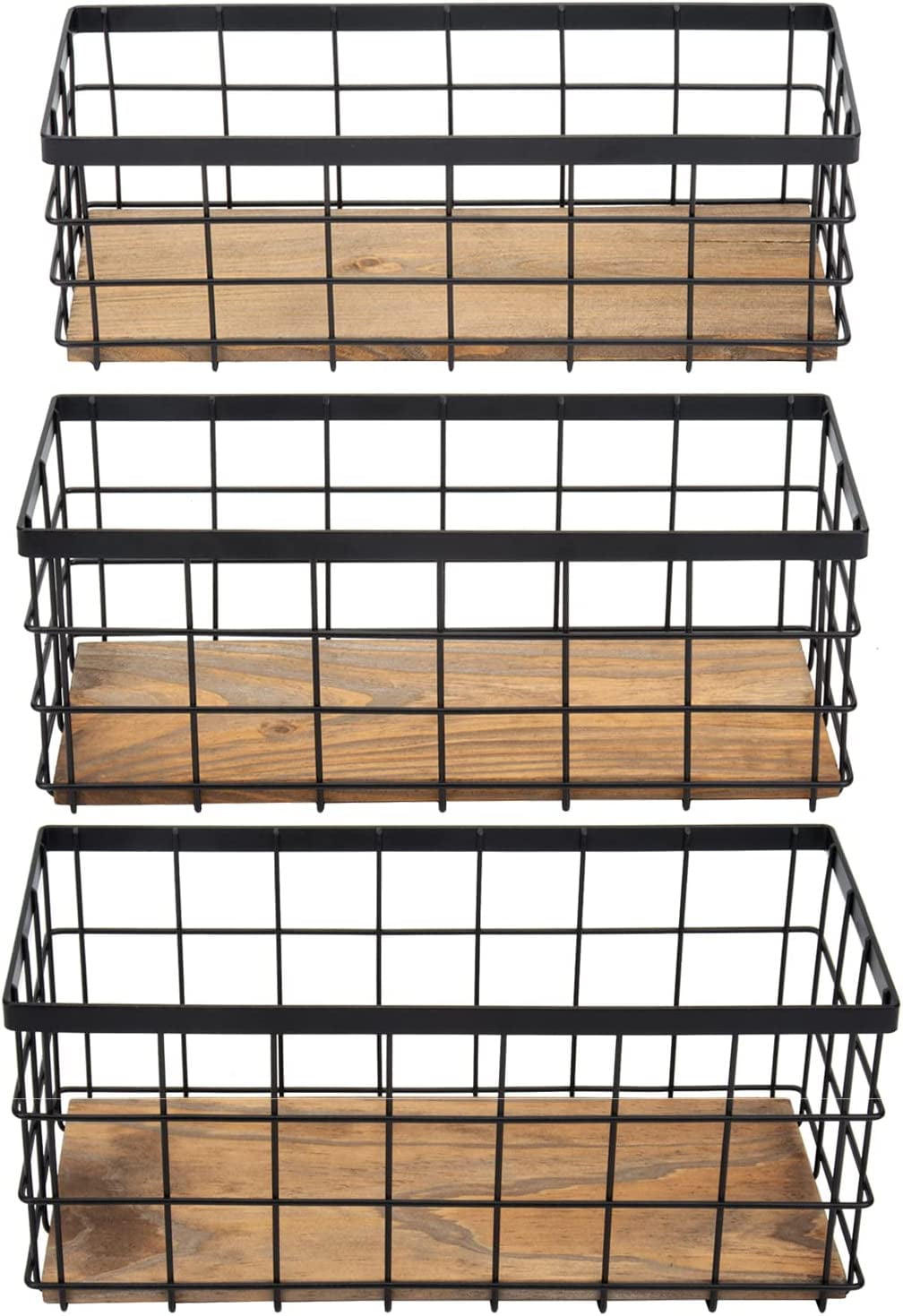 Farmhouse Decor Metal Wire Storage Baskets, Wood Base Containers ...
