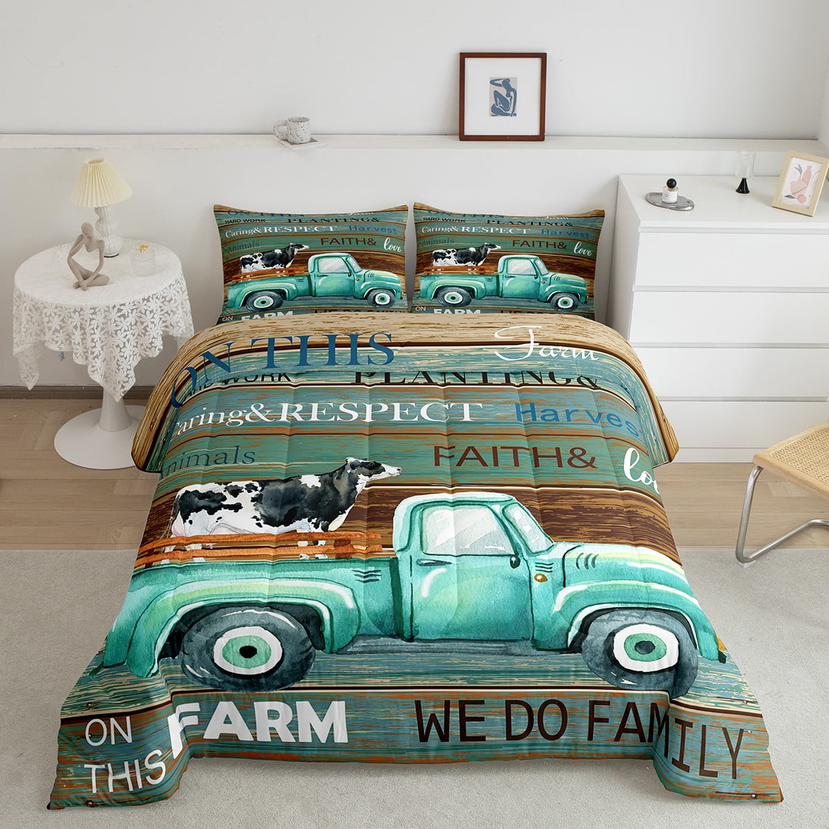 Farmhouse Decor Milk Cow Bedding Set Full,Farm Animals Quilt Green ...