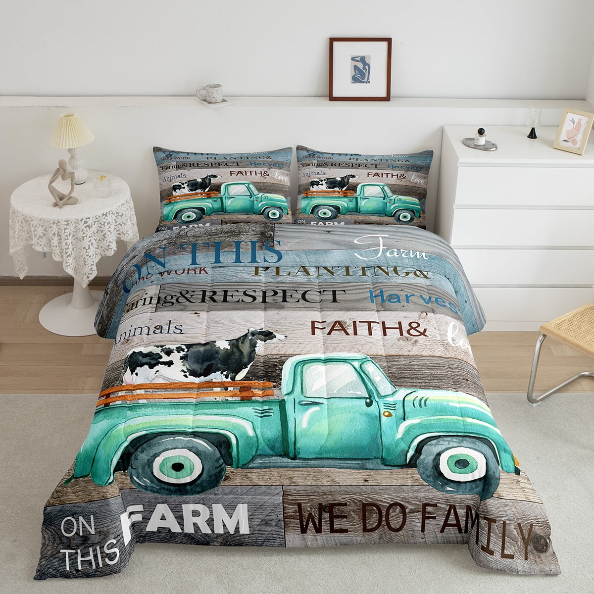 Farmhouse Decor Milk Cow Bedding Set Full,Farm Animals Quilt Green ...