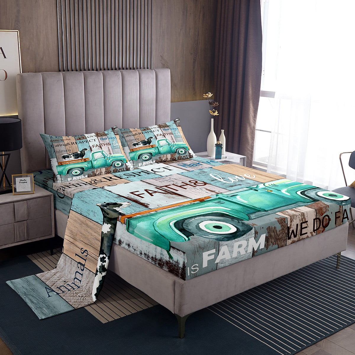 Farmhouse Decor Milk Cow Sheet Set Full,Farm Animals Sheets Green Truck ...