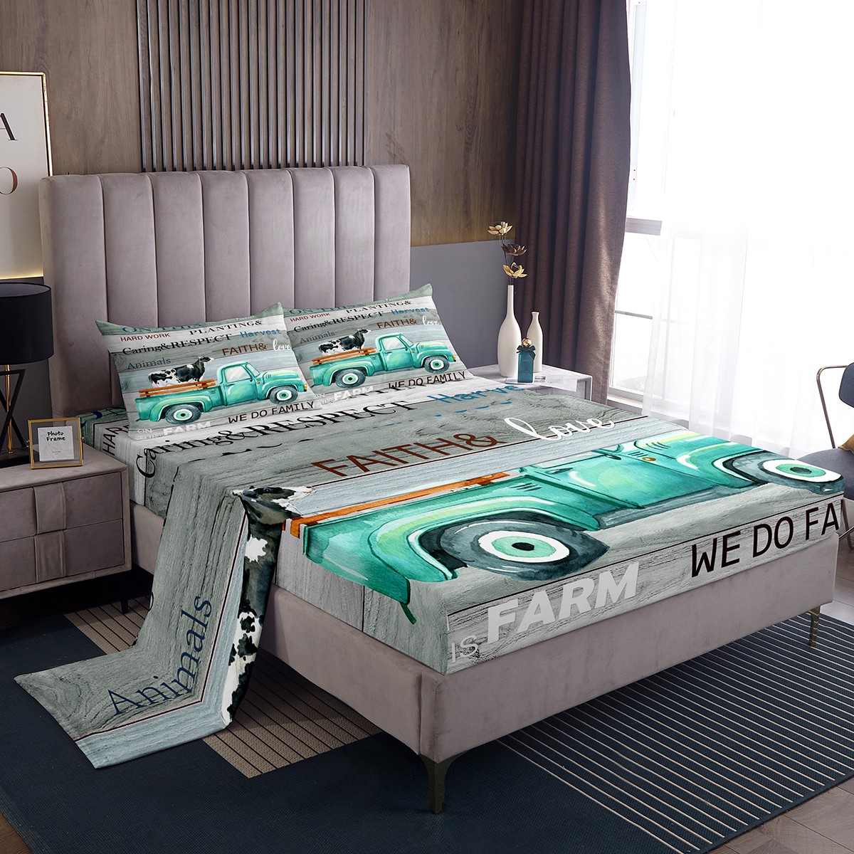 Farmhouse Decor Milk Cow Sheet Set King,Farm Animals Sheets Green Truck ...