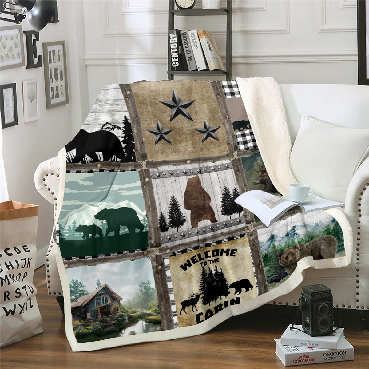 Farmhouse Decor,Rustic Bear Deer Fleece Blanket 90"x90",Black and White ...